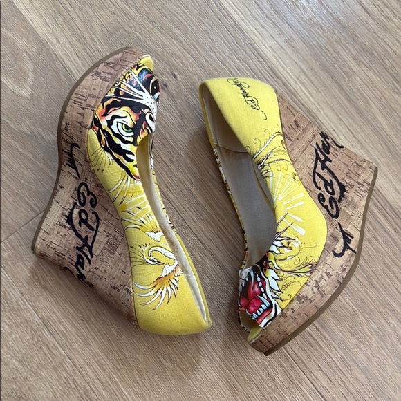 Ed Hardy | Shoes | Ed Hardy Yellow Platform Y2k Wedges With Lion Print ...